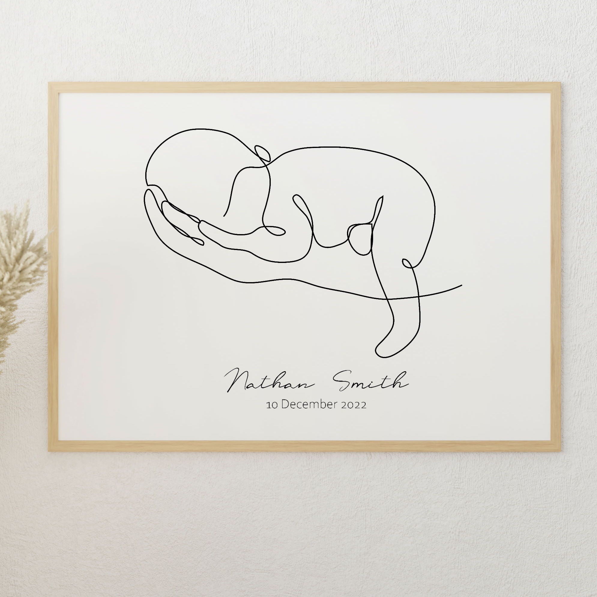 custom name baby in parent's hands line drawing wall art print – Snug ...