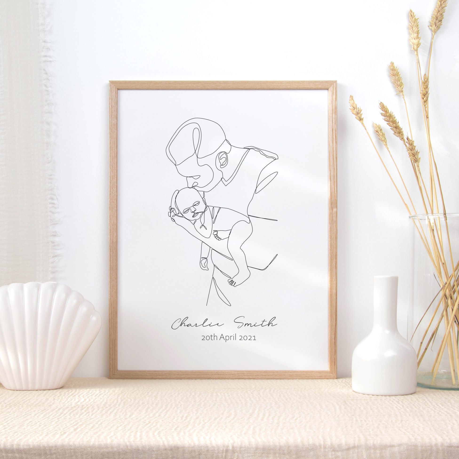 father and baby custom name line drawing wall art print – Snug as a Bug